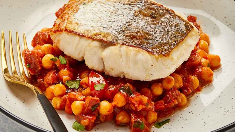Hake with chickpeas and chorizo - Walter Purkis and Sons